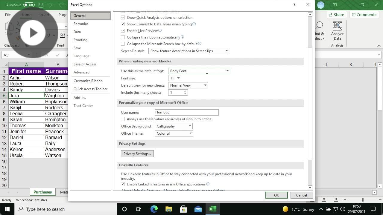 Setting Your Work Preferences In Excel 365 Excel Microsoft 365 2021 